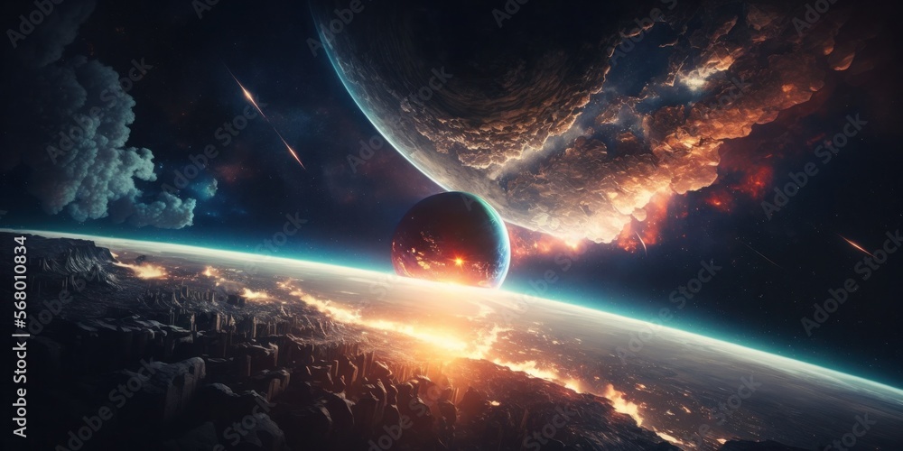 tilt-shifted aerial view of earth's atmosphere in space, meteor ...