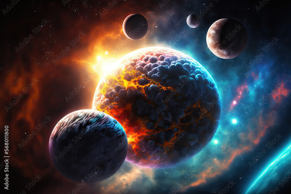 2D illustration enormous, deep space planets, moons, and stars. various ...