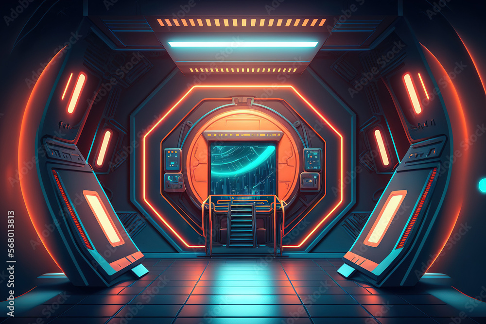 Sci fi futuristic studio stage gloomy space station with backdrop of ...