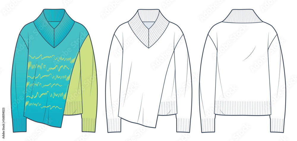 Sweater, Jumper technical fashion illustration. Asymmetric Sweatshirt ...
