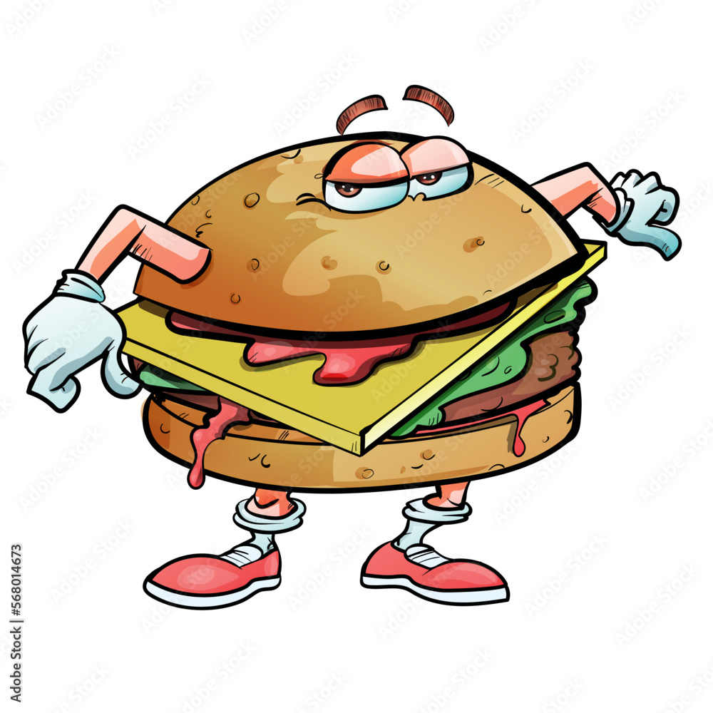 Cartoon hamburger with eyes arms and legs The hamburger has cheese ...