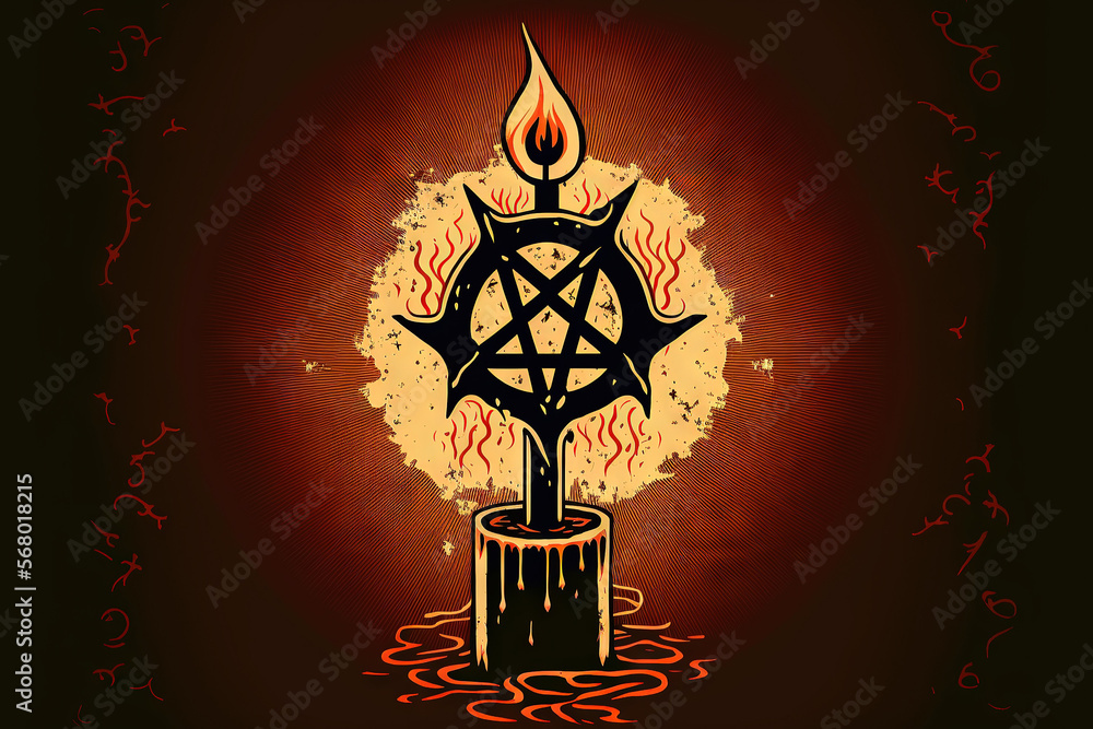 Vertical image of a burning candle and a metallic satanic cross ...