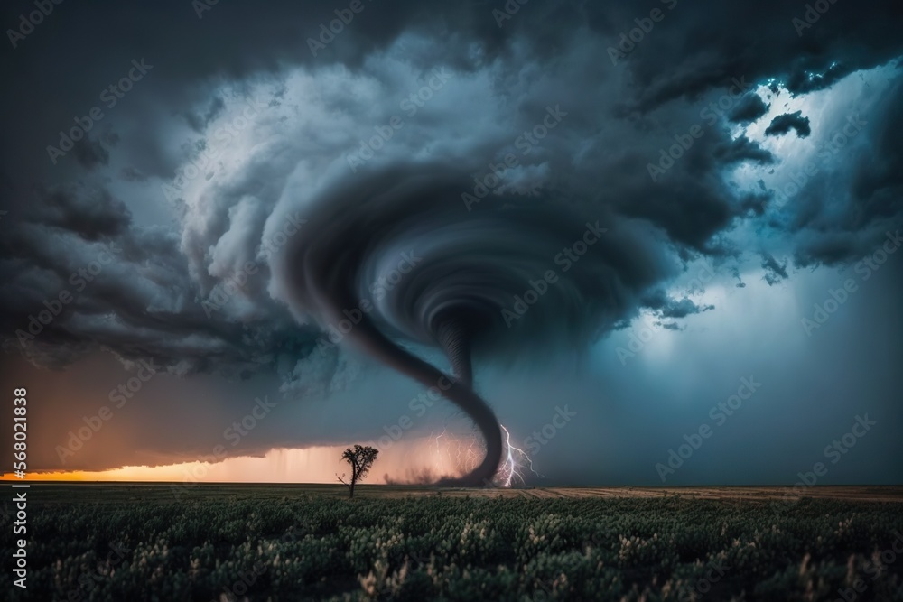 Tornado twisting across flat prairie surrounded by dark clouds and ...
