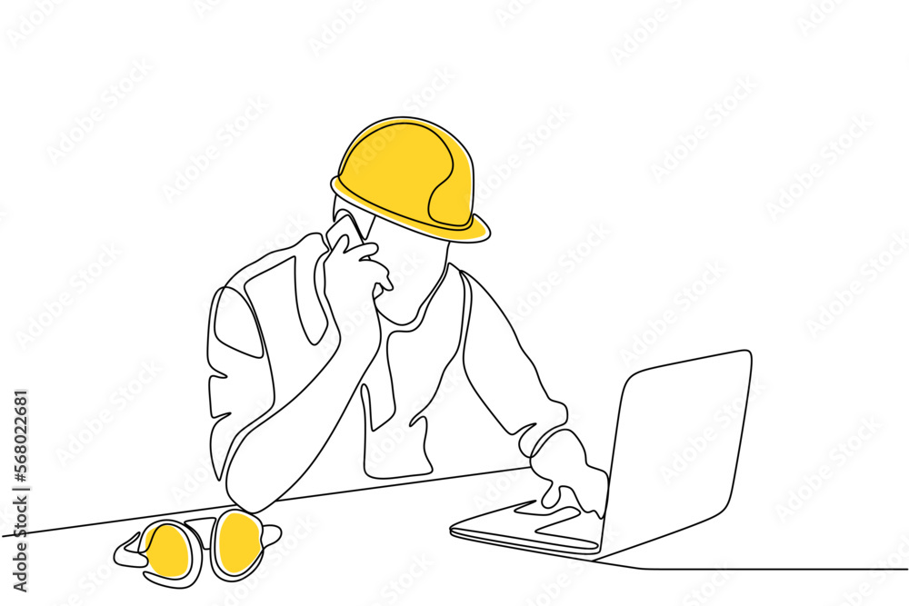 Single continuous line drawing of young construction worker. Building ...