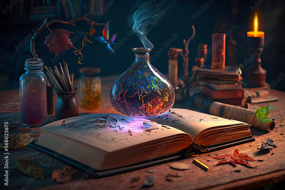 magic book on table with potions. Generative AI Stock Illustration ...