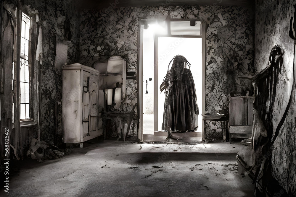abandoned house with figure. menacing figure. scary interior. old ...