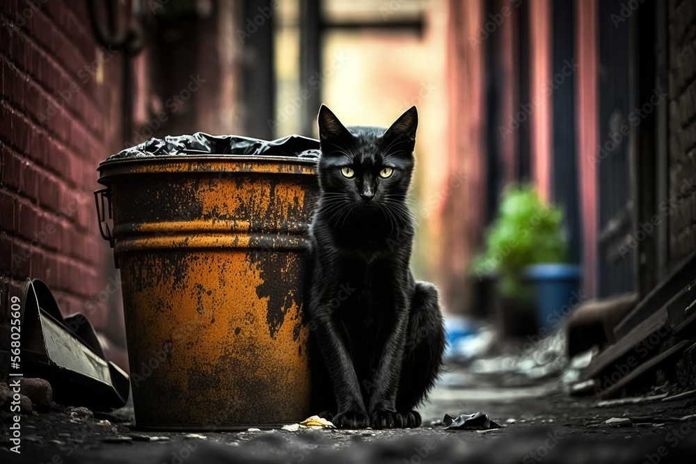 Black street cat sitting on dumpster in an alley, concept of Urban ...
