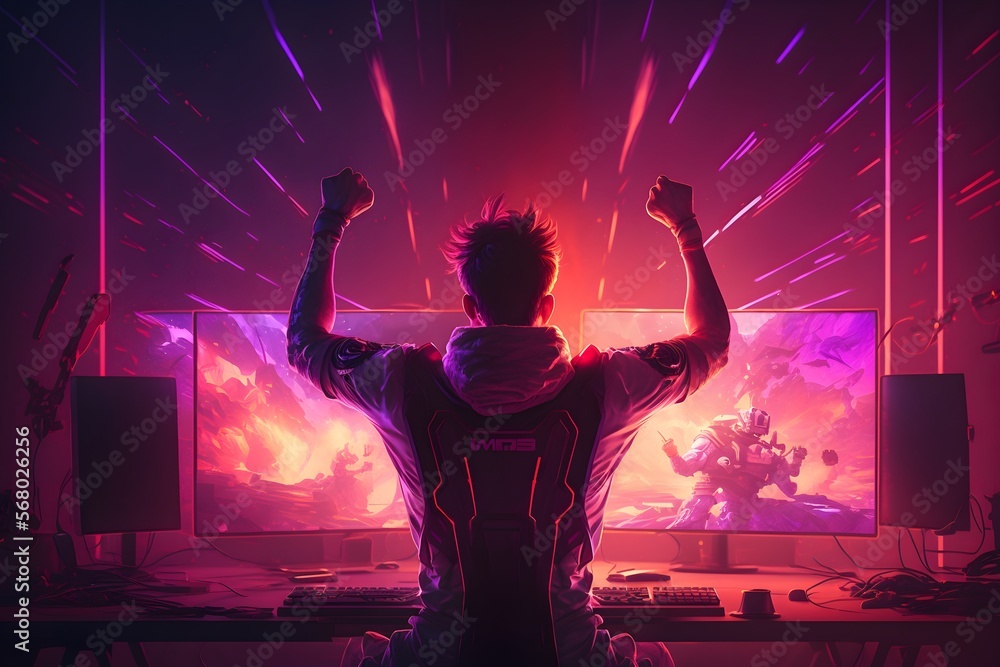 Back view of ecstatic gamer wearing headset in online competition, cPro ...