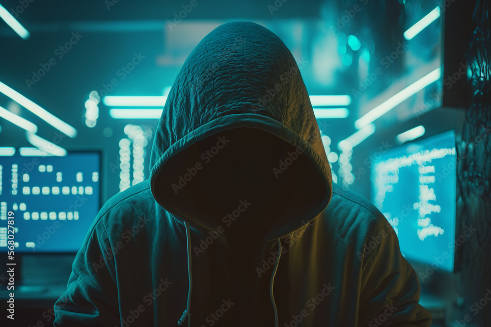 ภาพประกอบสต็อก Cyber-security hacker with a hoodie hiding face ...