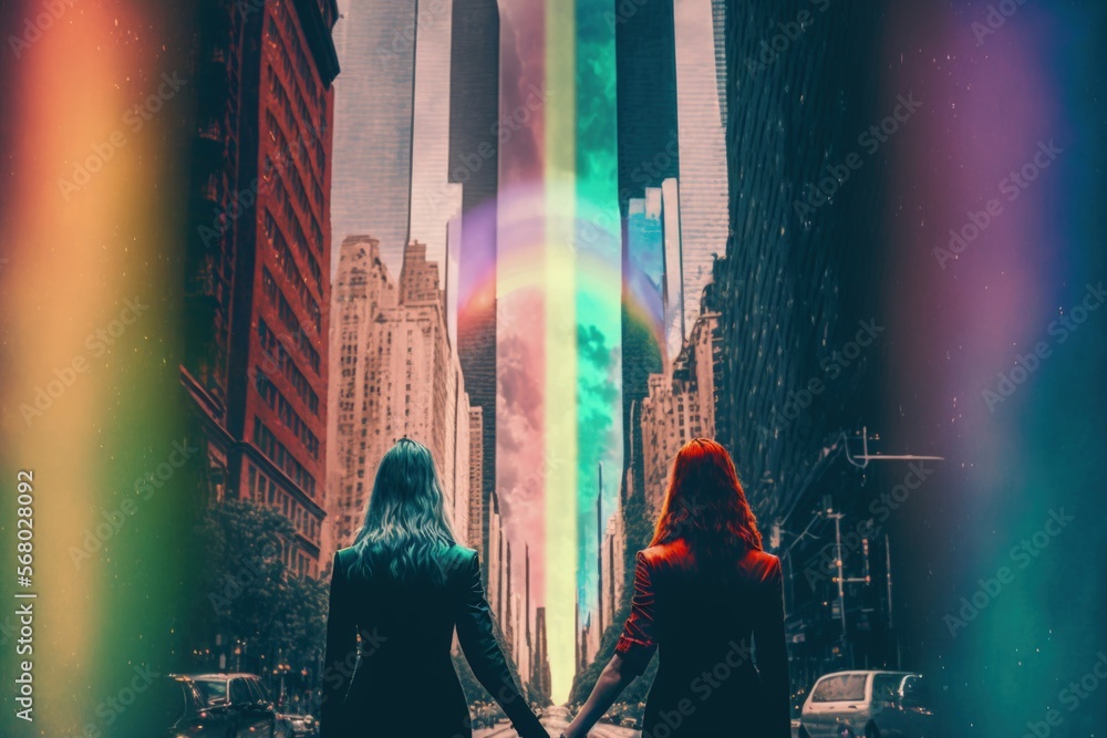 Gay couple holding hands in a big city with rainbow over the sky ...
