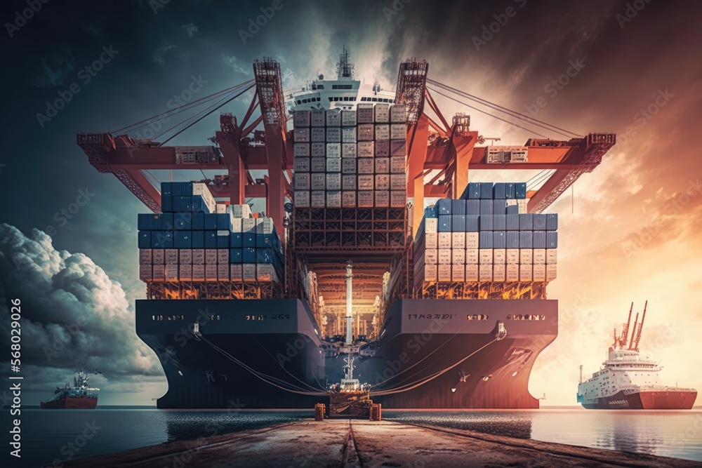 Generative AI illustration of container ship at terminal port ...