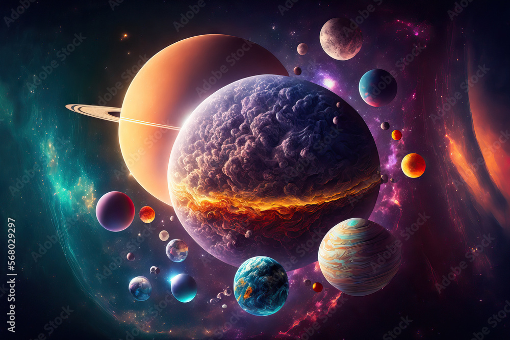 2D illustration enormous, deep space planets, moons, and stars. various ...