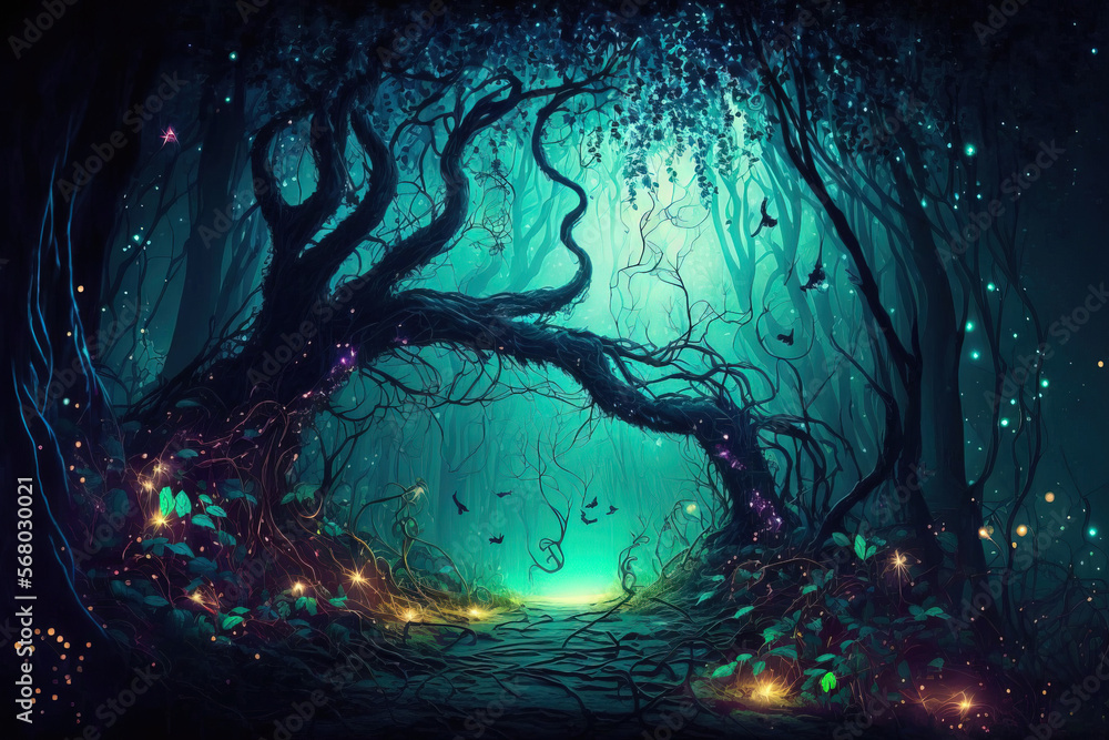 Fantasy forest in a dark fairy tale. Nighttime forest scene with ...