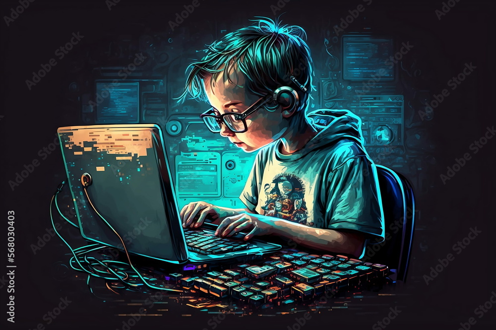 kleiner Junge mit Brille sitzt am Computer - Illustration Stock ...