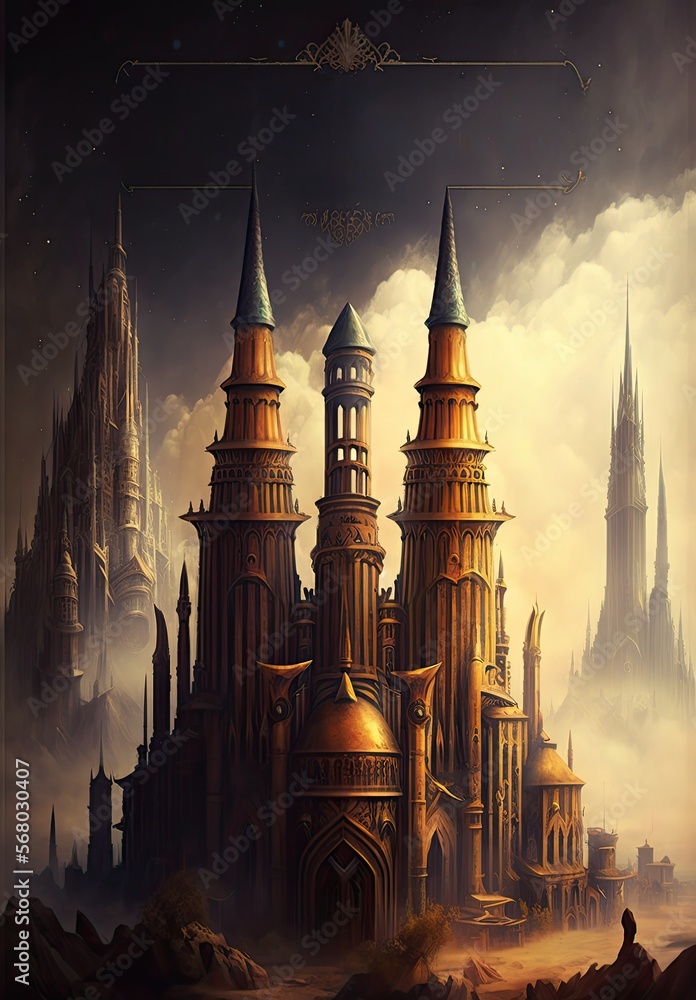 mythical city, filled with towering spires and strange architectural ...