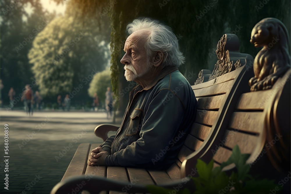 Une photo dun senior assis seul sur un banc dans un parc regardant ...
