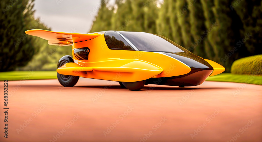 Futuristic study of a yellow and black flying car with stub wings and ...
