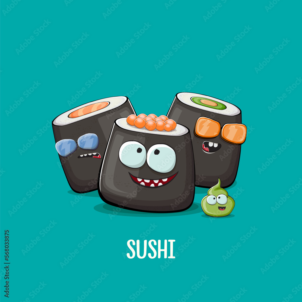 Vintage sushi poster design template with sushi cartoon characters and ...