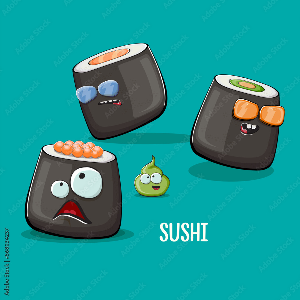 Vintage sushi poster design template with sushi cartoon characters and ...