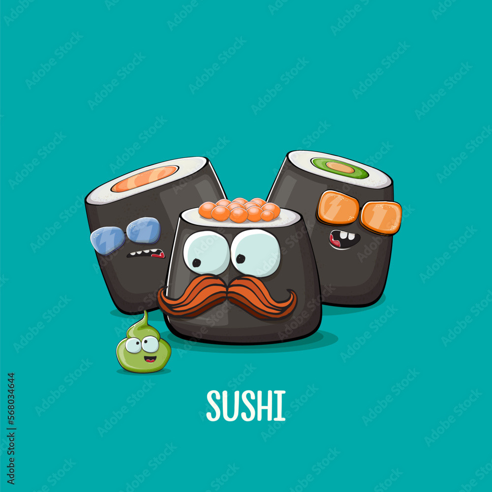 Vintage sushi poster design template with sushi cartoon characters and ...