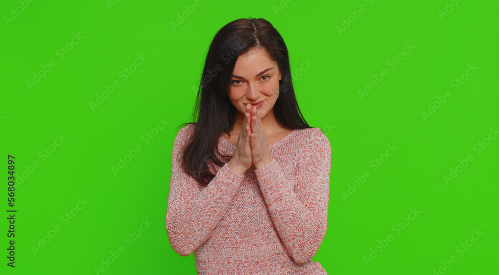 Sneaky cunning woman with tricky face gesticulating and scheming evil plan, thinking over ...