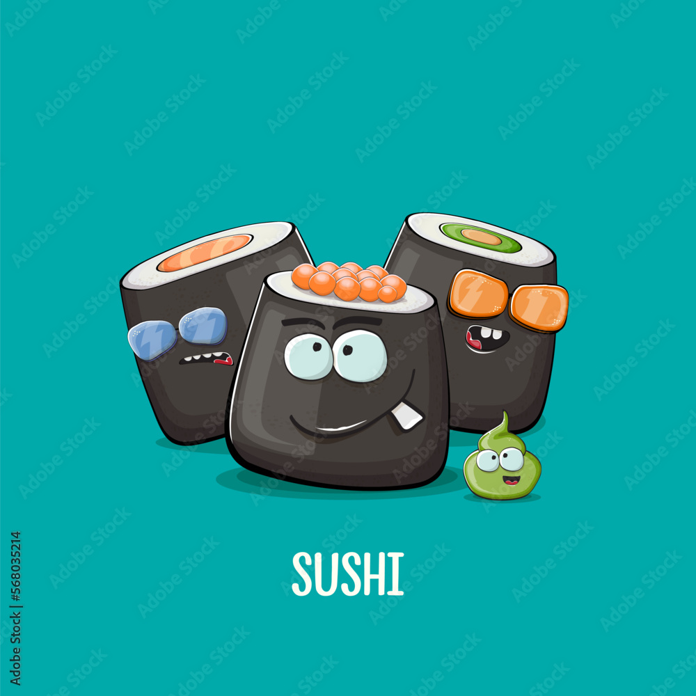 Vintage sushi poster design template with sushi cartoon characters and ...