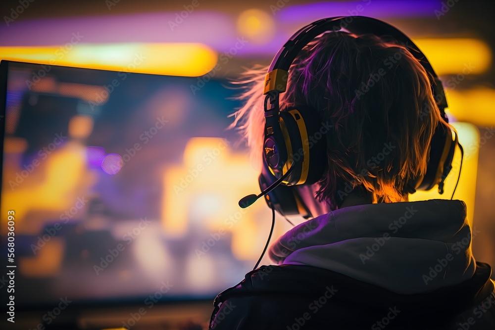 professional esport gamer sitting in gaming room infront of wide LED ...