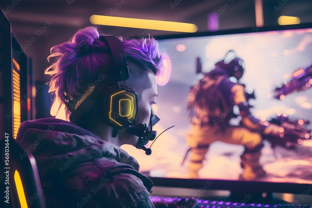 Girl gamer in headphones watching at screen in focus, gaming ...
