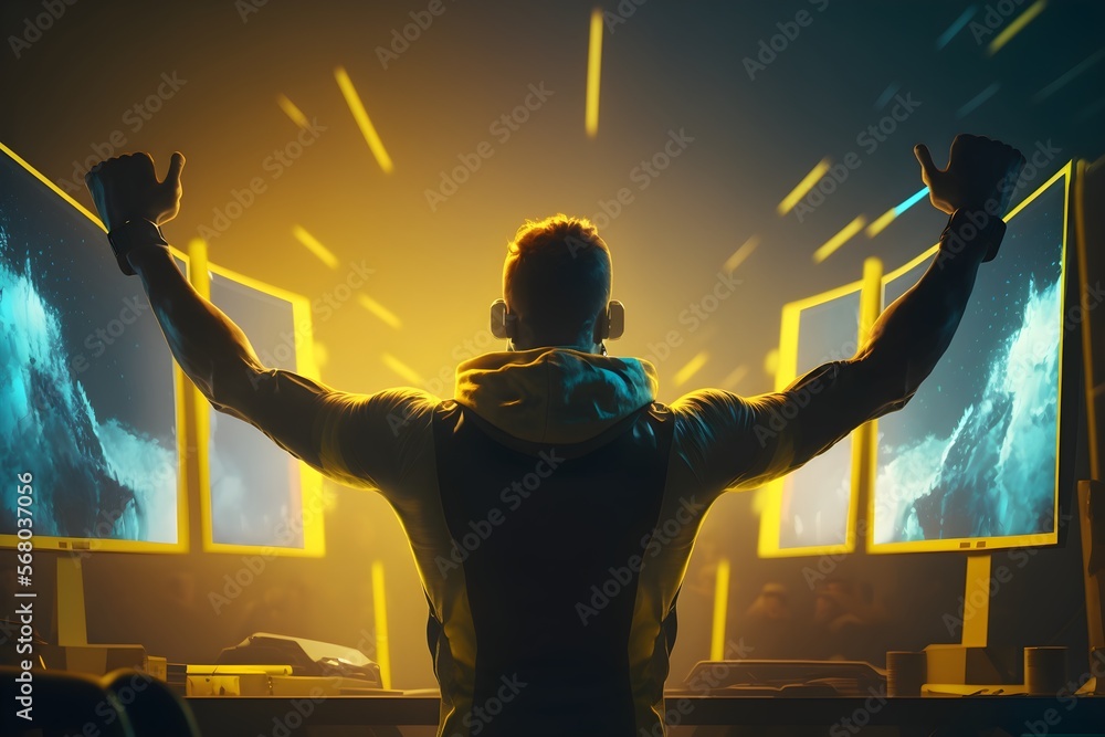 male gamer in headphones celebrates win in front of computer screen ...