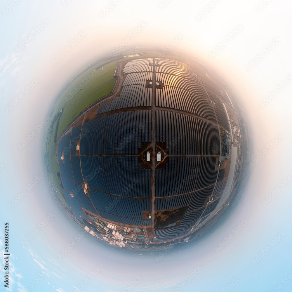 360 Degree Spherical panorama of Solar Photovoltaic. Solar plant rows ...