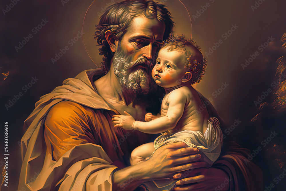 St. Joseph holds the baby Christ in his arms. Christian painting ...