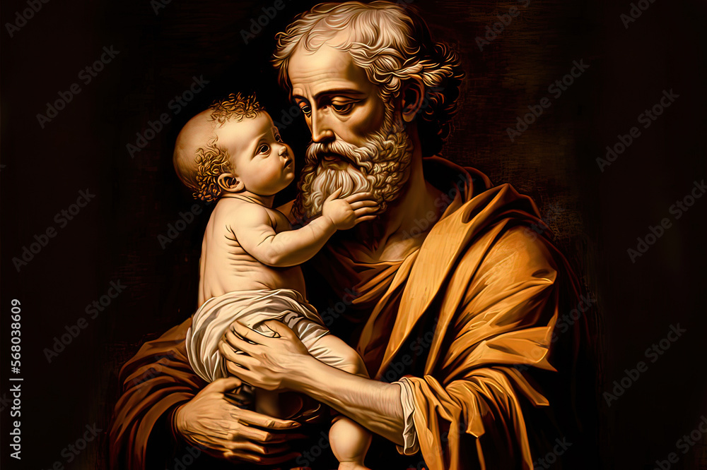 St. Joseph holds the baby Christ in his arms. Christian painting ...