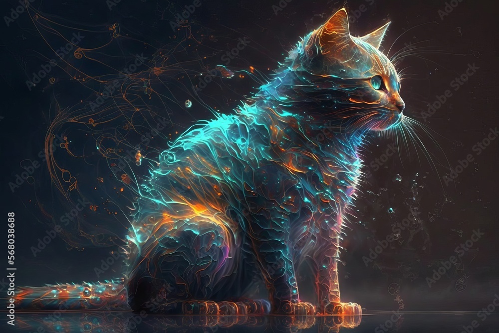 Wallpaper with a futuristic cat on a black background. Generative AI ...