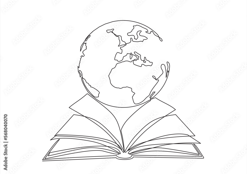 Continuous one line drawing of open Book and globe Earth planet concept ...