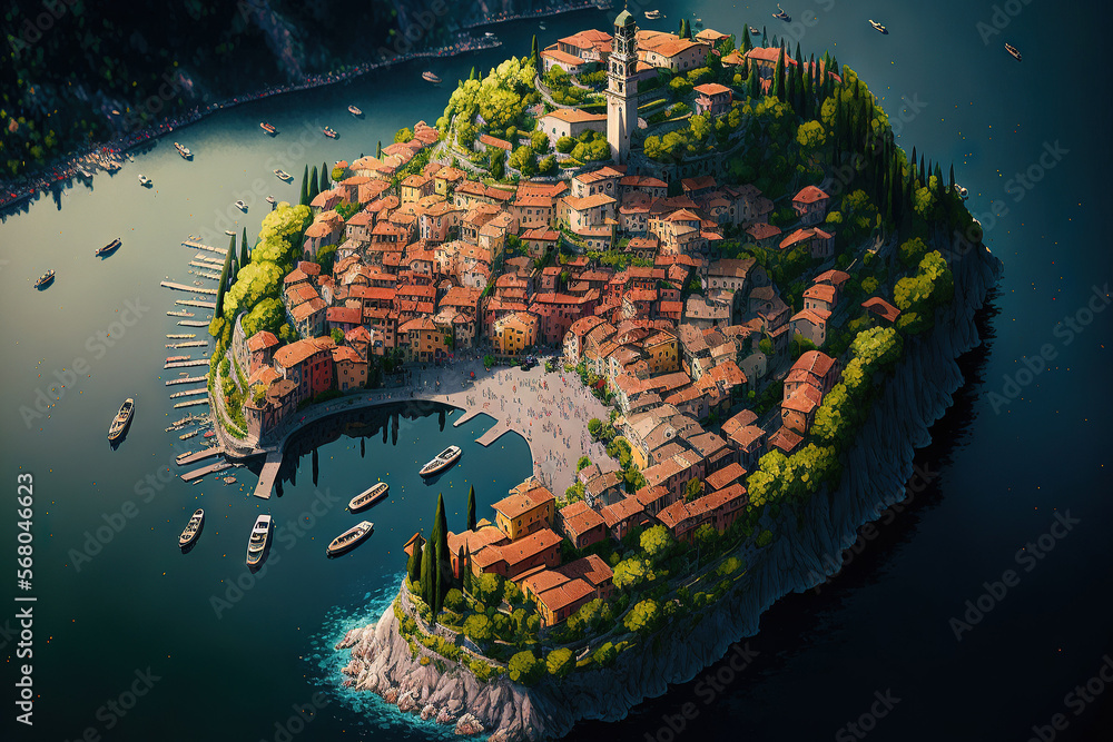 Beautiful aerial panorama taken by a drone of Varenna, a well known ...