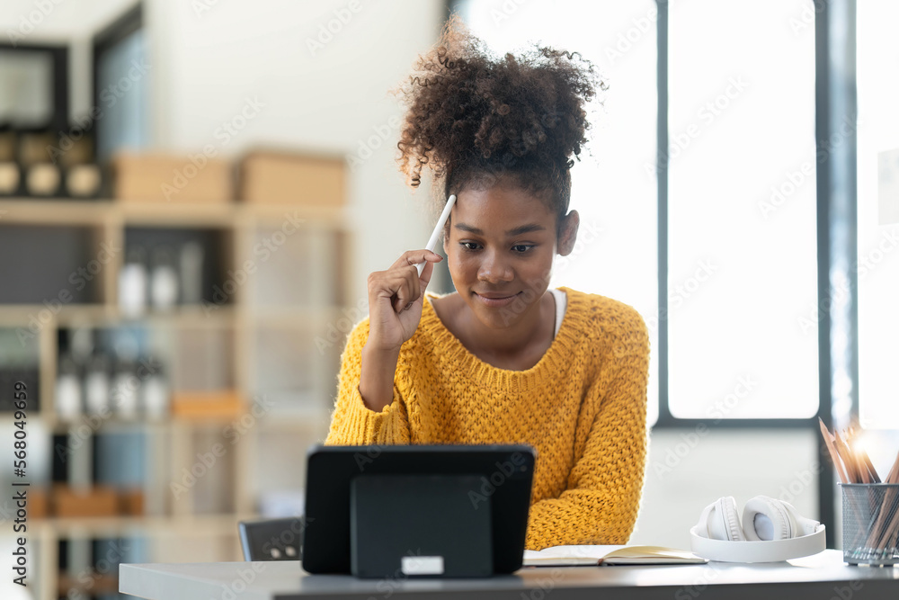 Black girl student online learning class study online video call ...