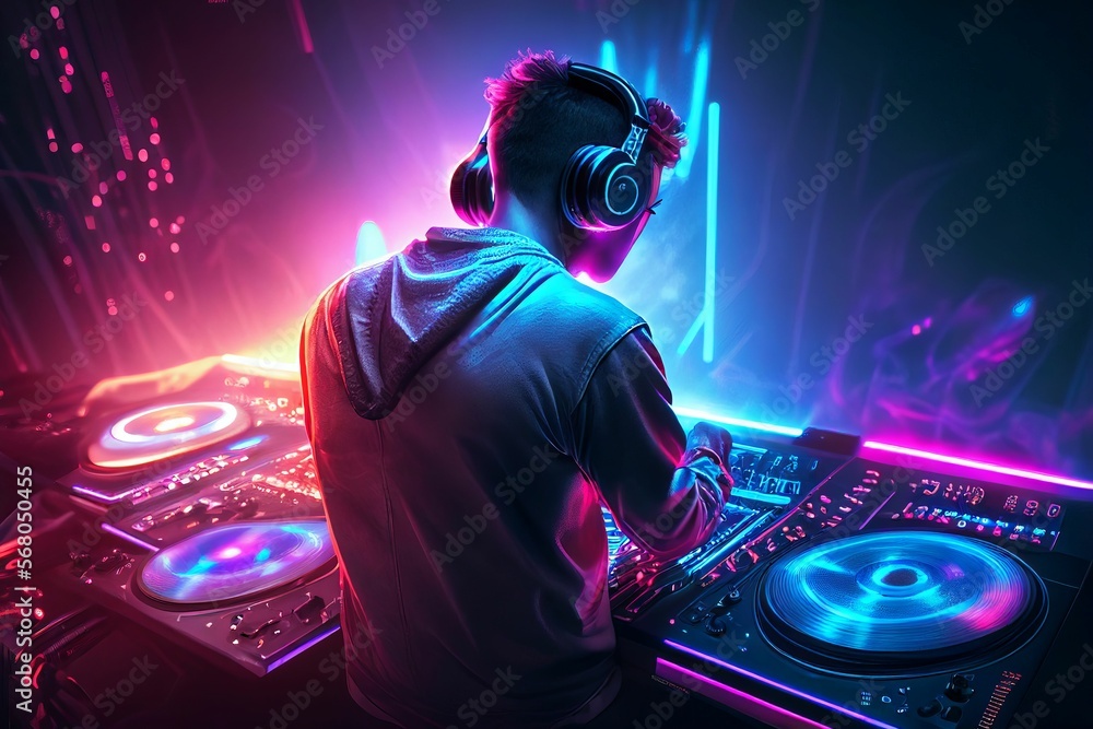 DJ player audio mixing electronic music in a nightclub party Created ...