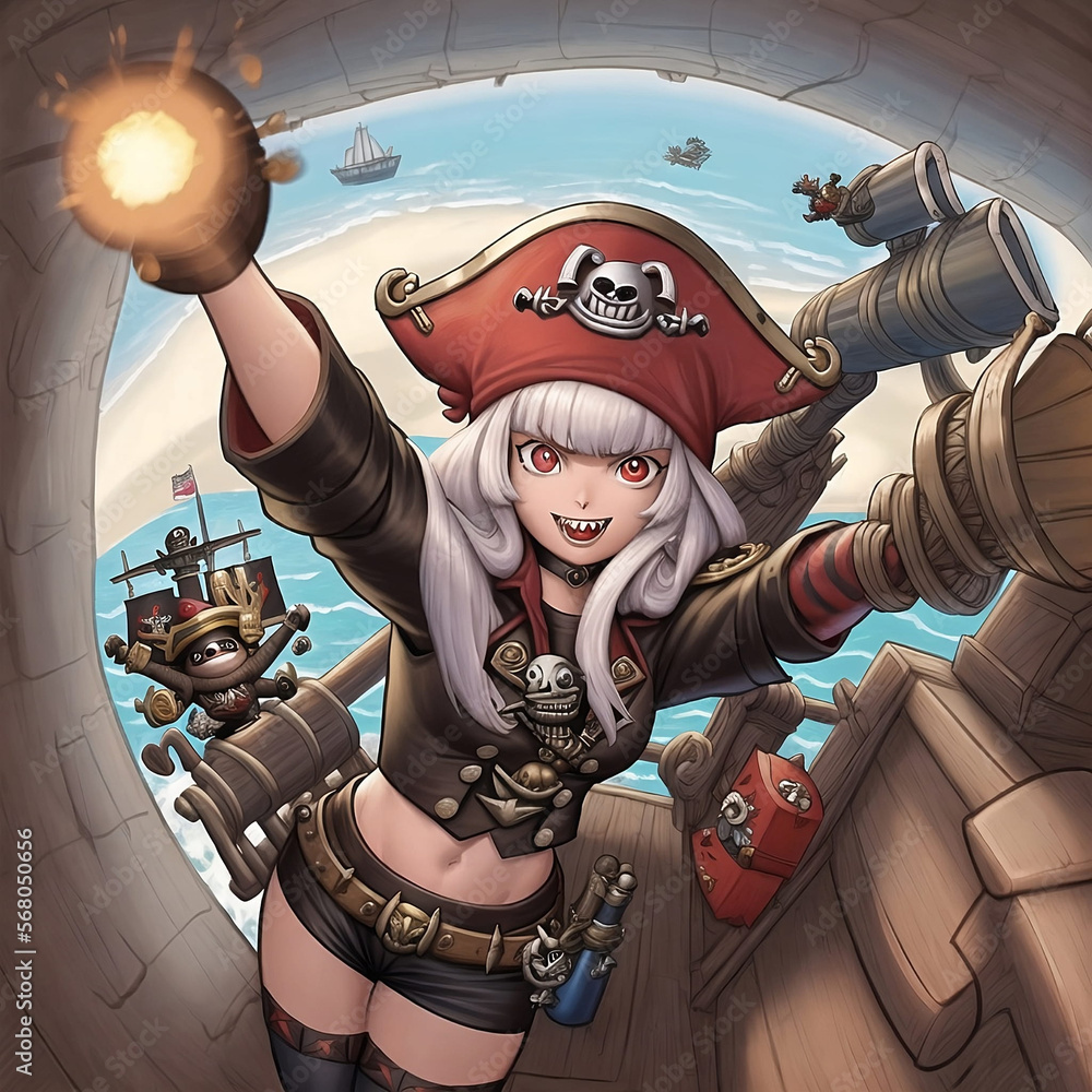 cheerful, mischievous pirate girl, wearing a hat, taking a selfie on a ...