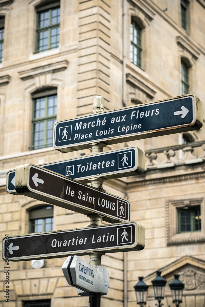 Directional signpost to Parisian landmarks in central Paris. Street ...