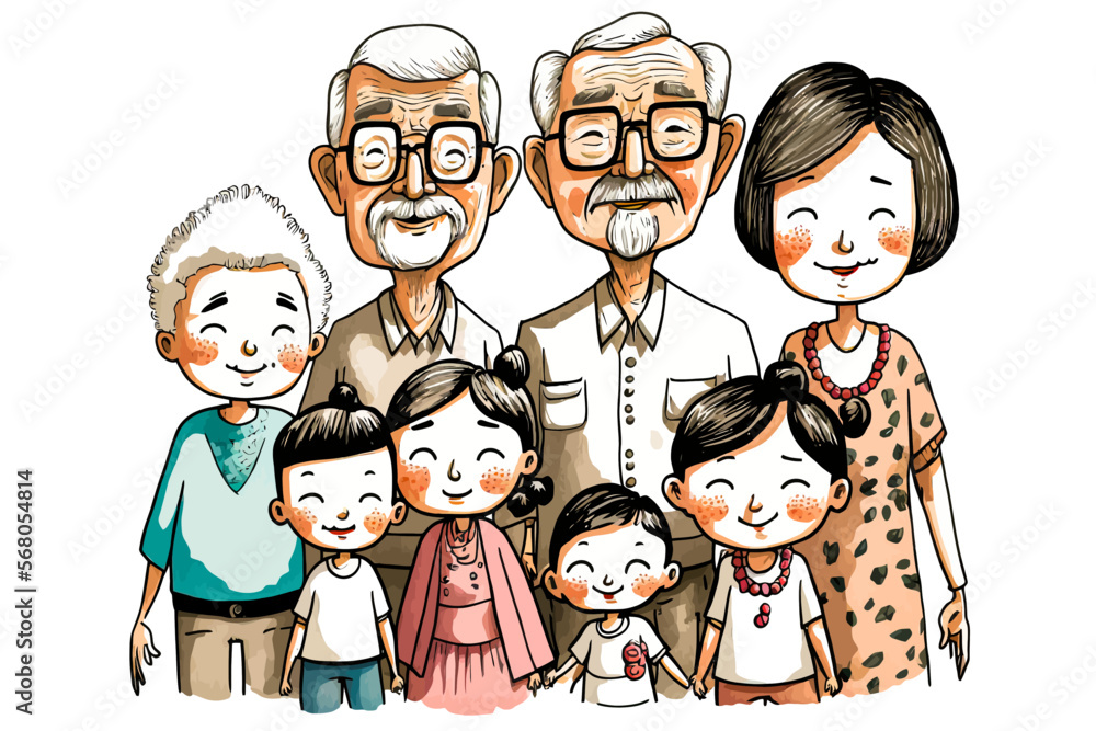 A vector illustration featuring a large Asian family, bringing together ...