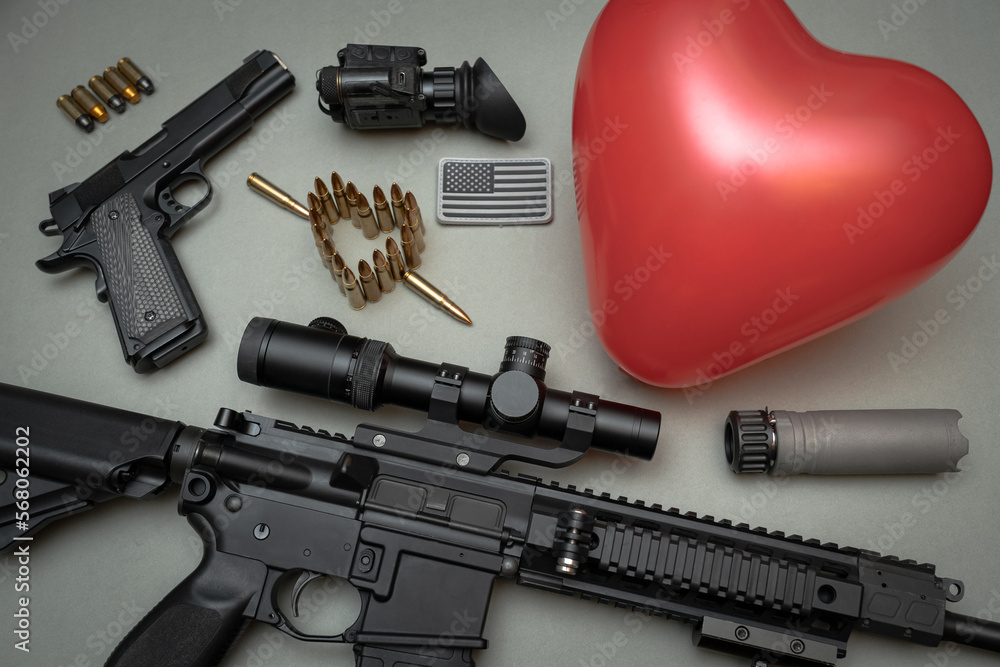 Tactical equipment and Valentine's day. Ar 15 rifle, silencer, M1911 ...