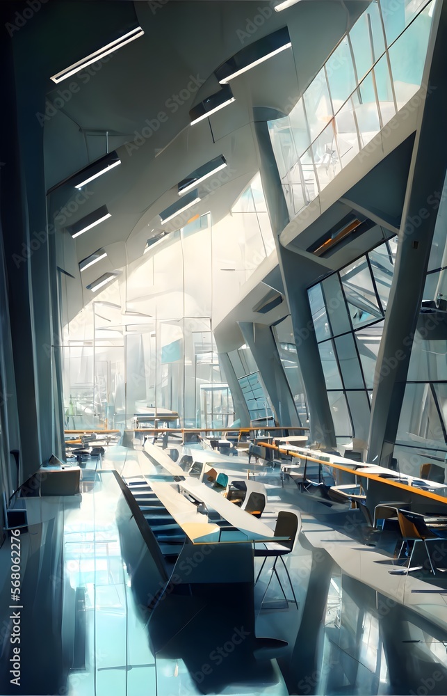 a futuristic high school with a whole glass wall and huge space high ...