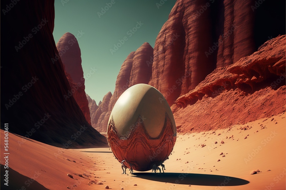 Alien egg on spider legs walking in an alien planet desert sci-fi ...