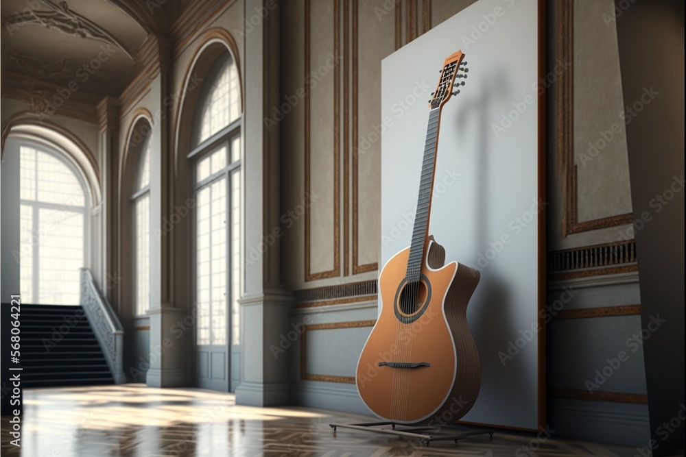 Wooden country guitar on display in an instrumental exhibition gallery ...
