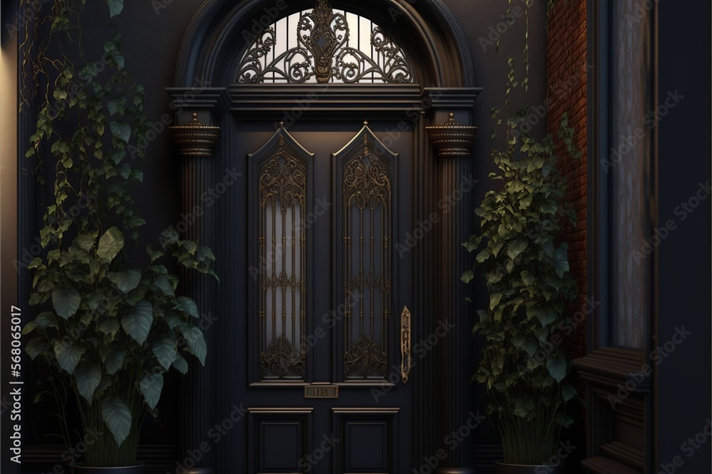 Gothic style doorway with arch and ebony door entrance with art deco ...