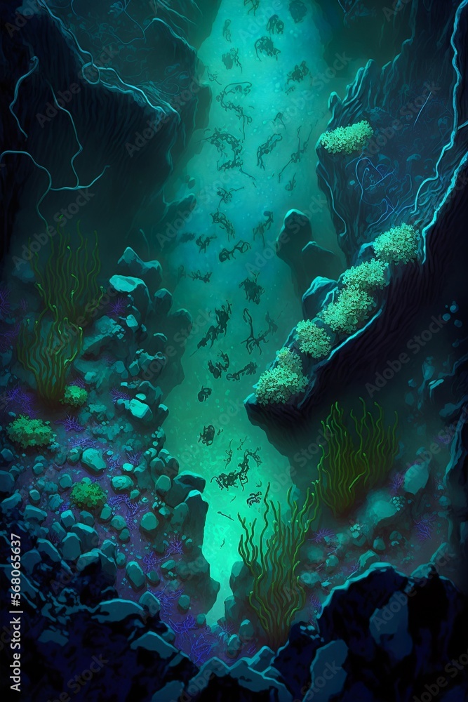 Deep sea underwater fantasy landscape coral reef illustration with ...