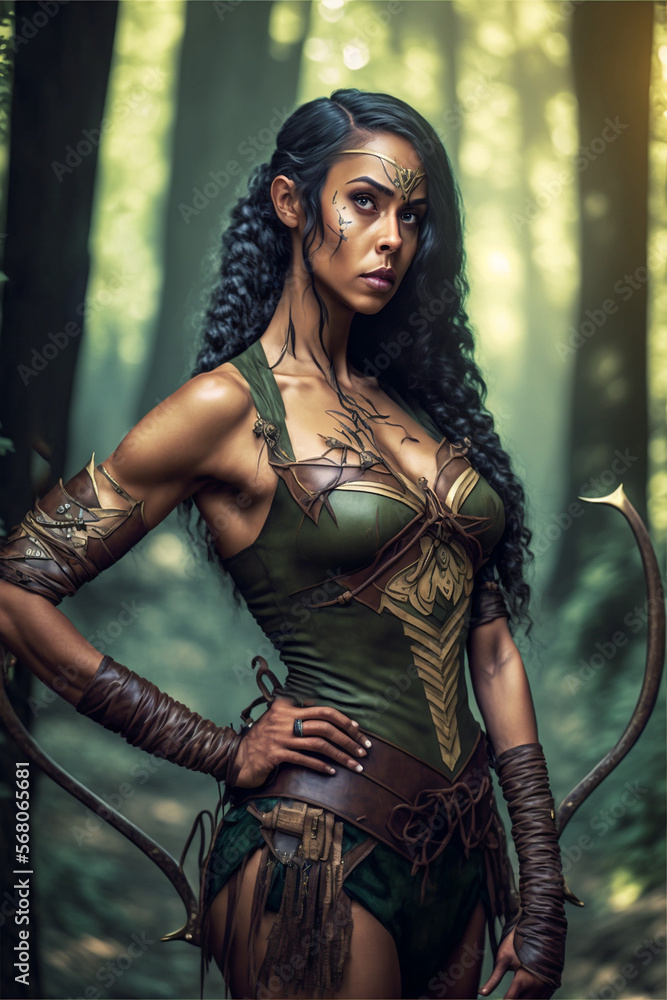 Portrait Of A Brunette Female Fantasy Elf Archer In Green Leather Armor In Forest Beautiful