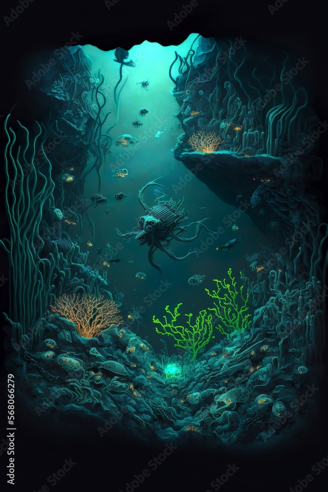 Deep sea underwater fantasy landscape coral reef illustration with ...