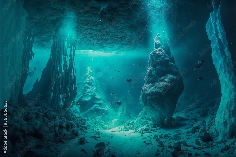 Deep blue frozen crystal cave system under the sea with ice pillars ...