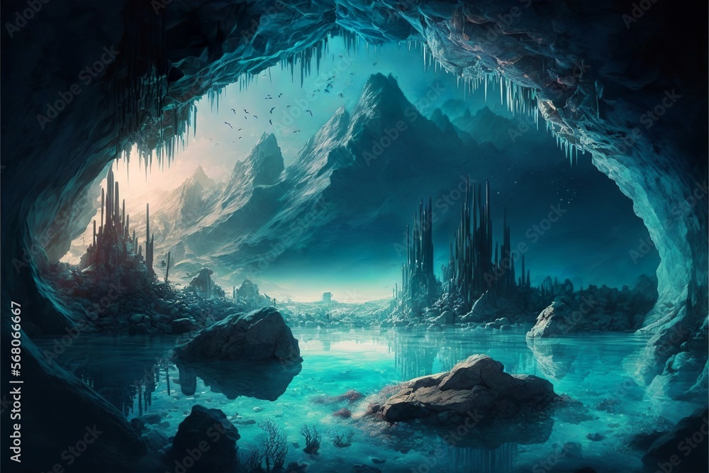 Deep blue frozen crystal cave system under the sea with ice pillars ...